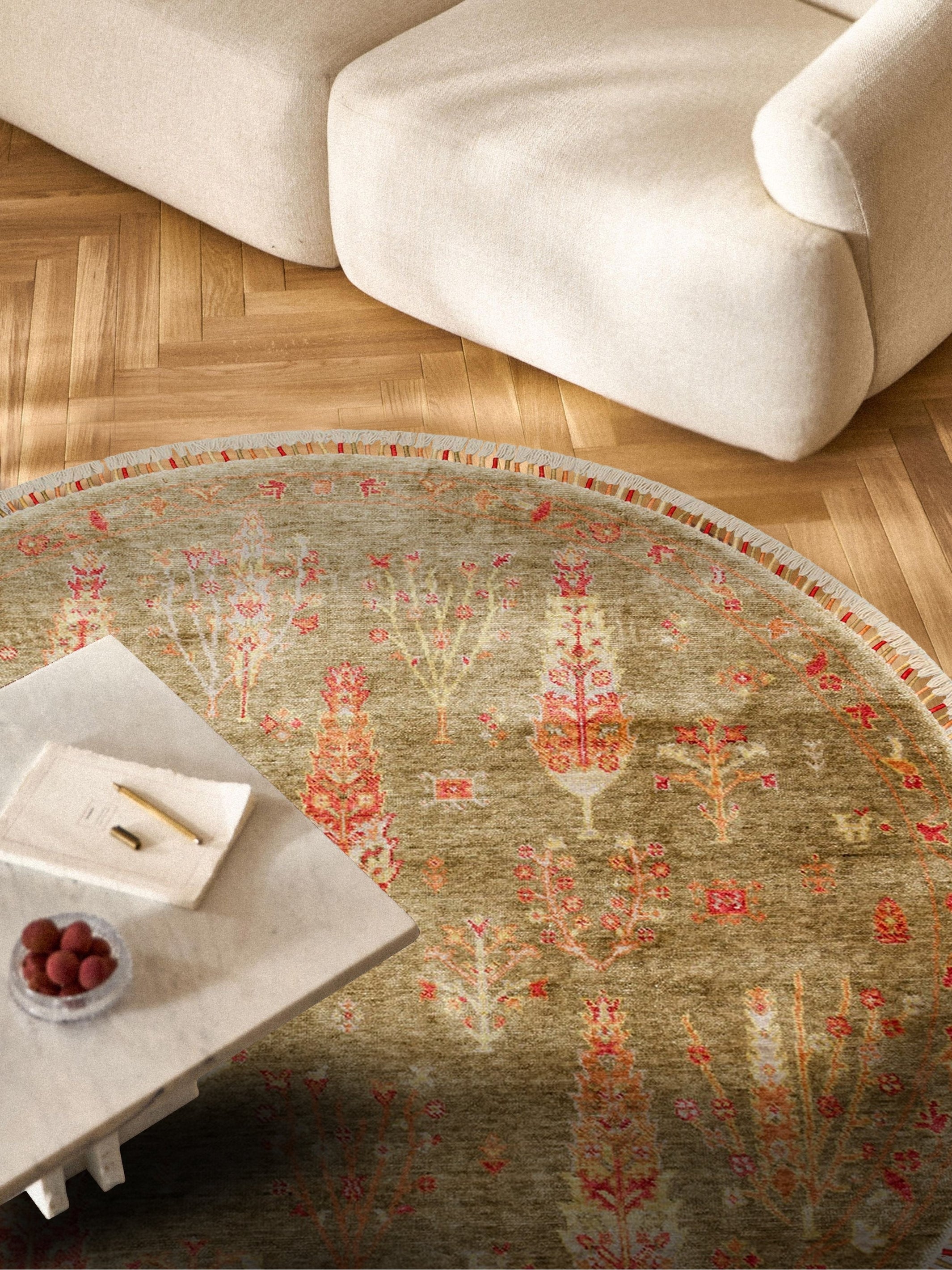 Oushak Carnaval 100% Natural Easy to Clean Handmade Round Uşak Carpet | Carpetdocia